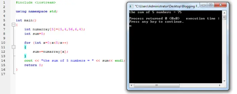 Sum Of Numbers In An Array In C