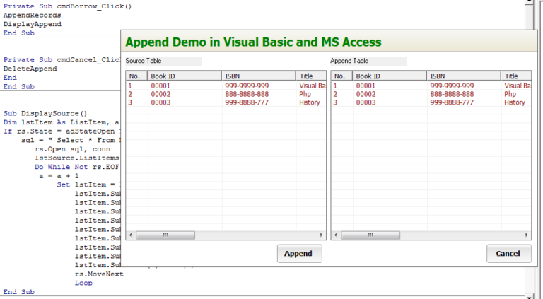 Append Query Demo in Visual Basic and MS Access - iNetTutor.com