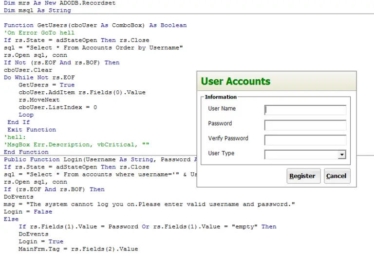 Login system with user registration in Visual Basic - iNetTutor.com