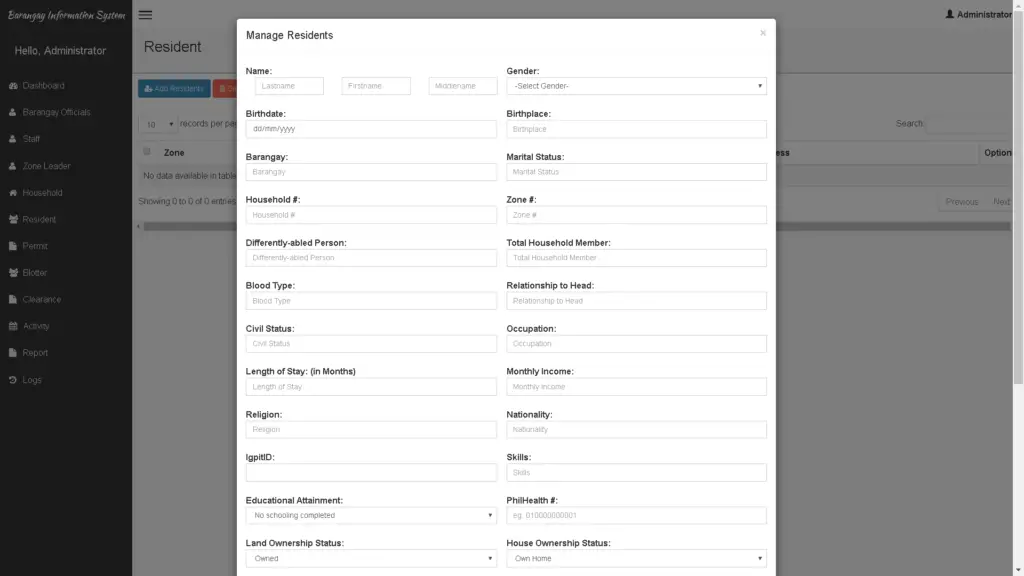 Barangay Information System in PHP, MySQL and Bootstrap