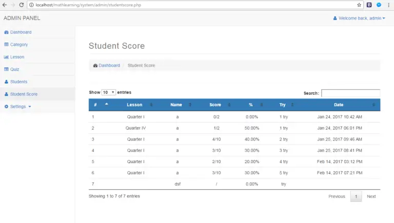 ELearning System for Math using PHP, MySQL and Bootstrap