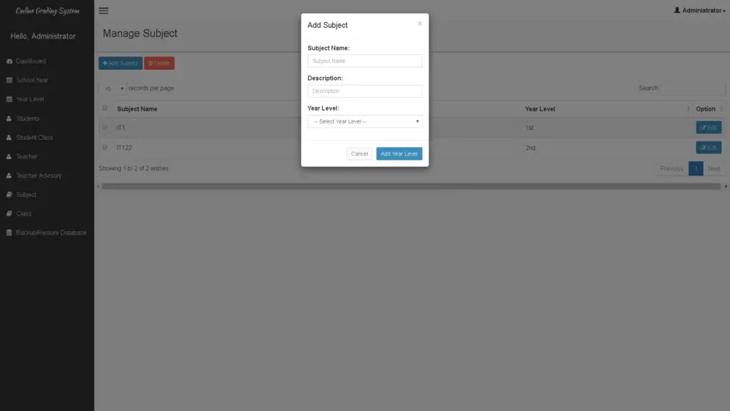 Online Grading System in PHP, MySQL and Bootstrap