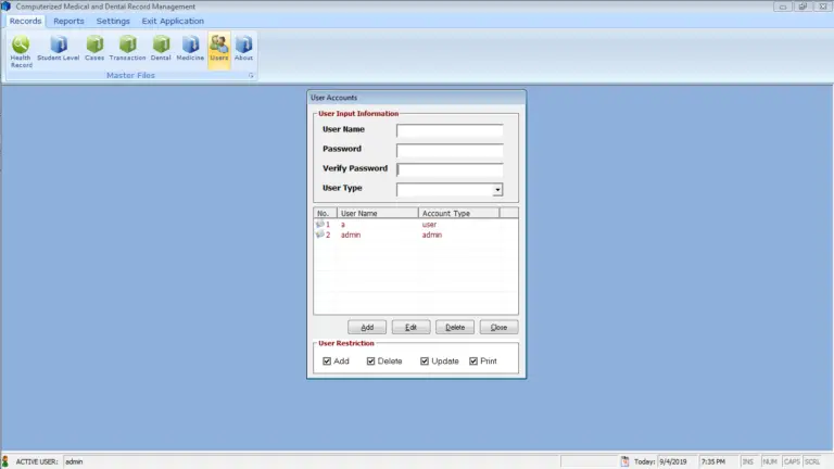 Medical and Dental Record System User Interface and Features