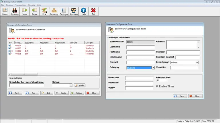 Library System with Computer Usage Time Monitoring User Interface