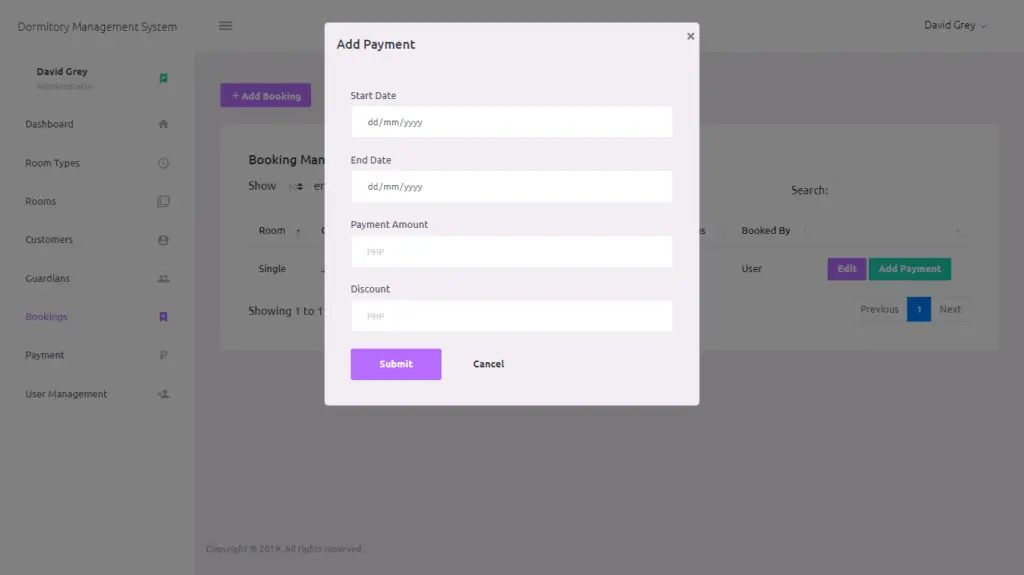 Dormitory Management System in PHP and MySQL User Interface