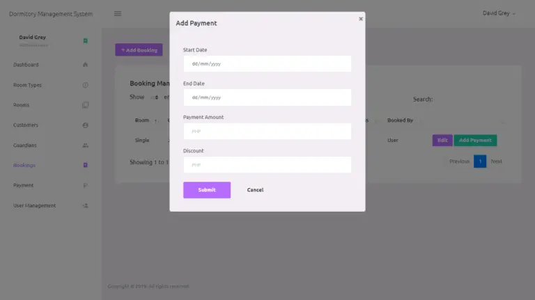 Dormitory Management System in PHP and MySQL User Interface