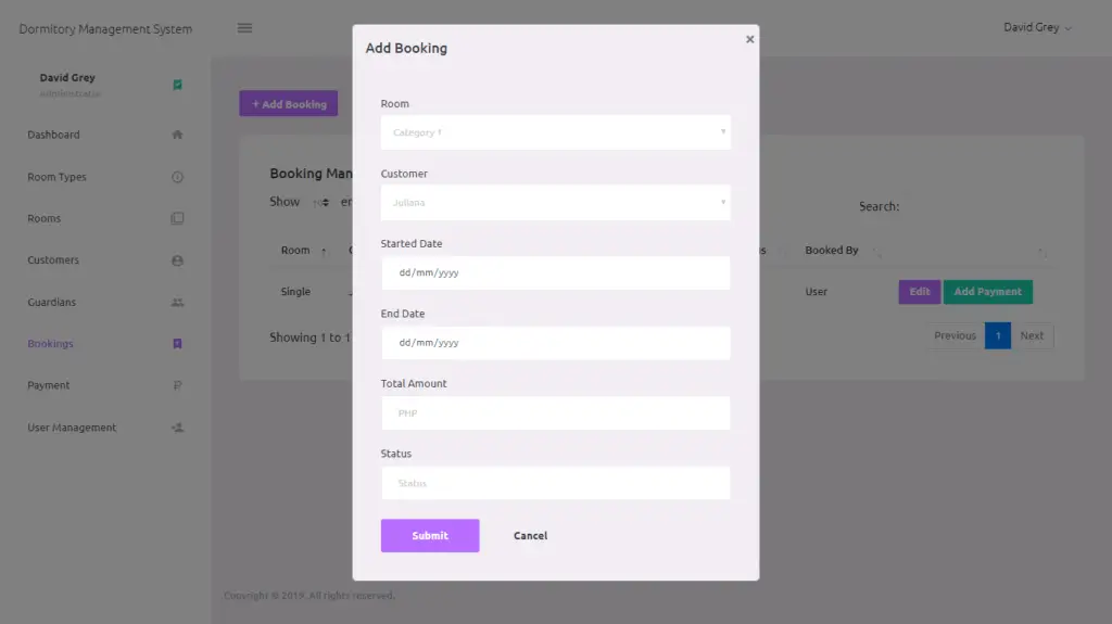Dormitory Management System in PHP and MySQL User Interface