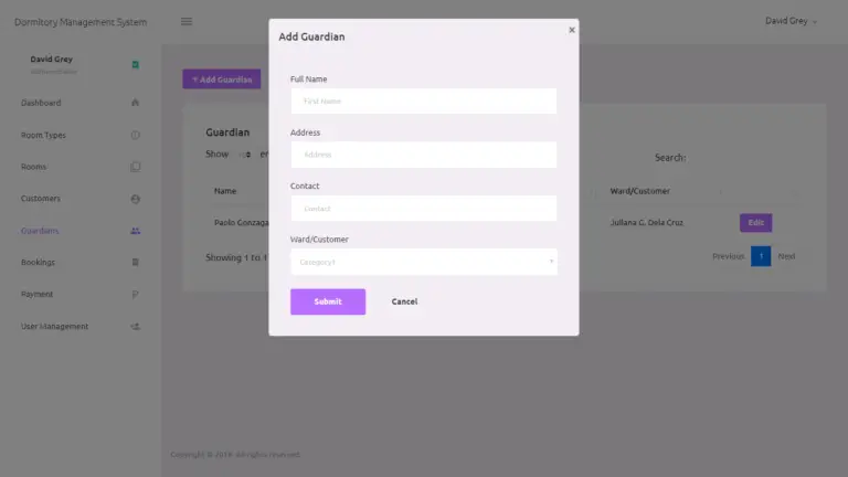Dormitory Management System in PHP and MySQL User Interface