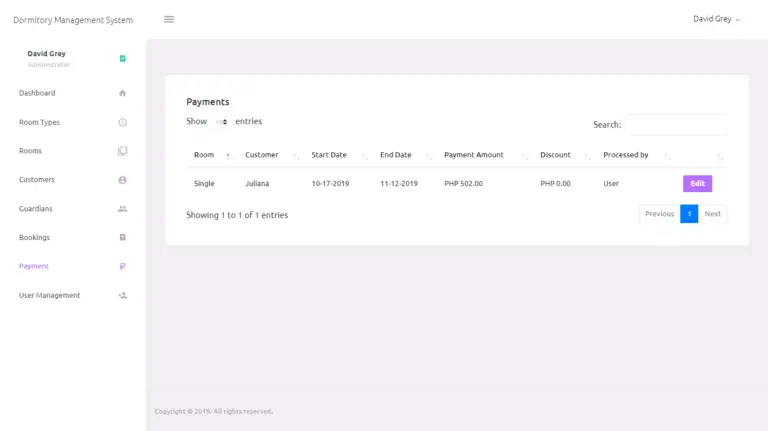 Dormitory Management System in PHP and MySQL User Interface