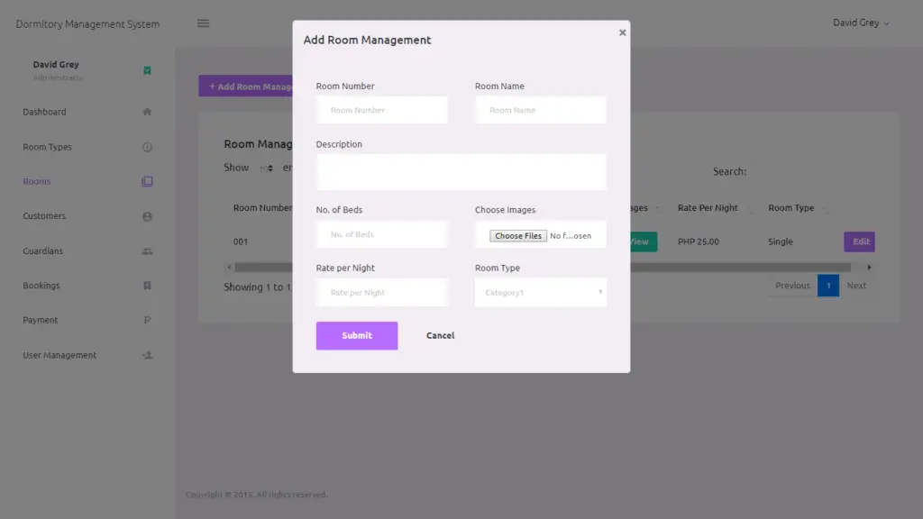 Dormitory Management System in PHP and MySQL User Interface