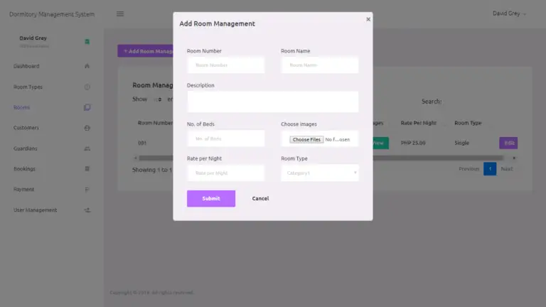Dormitory Management System in PHP and MySQL User Interface
