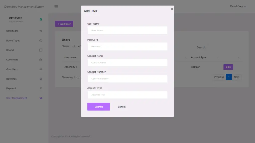 Dormitory Management System in PHP and MySQL User Interface