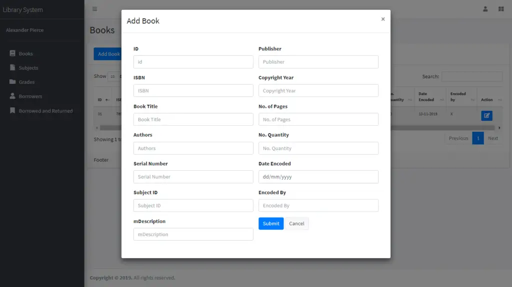 Library System in PHP and MySQL User Interface