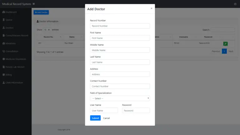 Medical Record System in PHP and MySQL User Interface