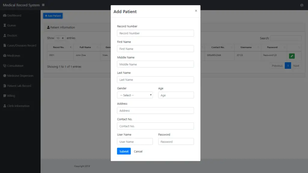 Medical Record System in PHP and MySQL User Interface