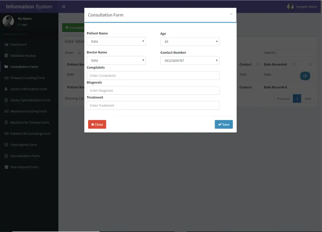 Patient Information System User Interface in PHP and Bootstrap
