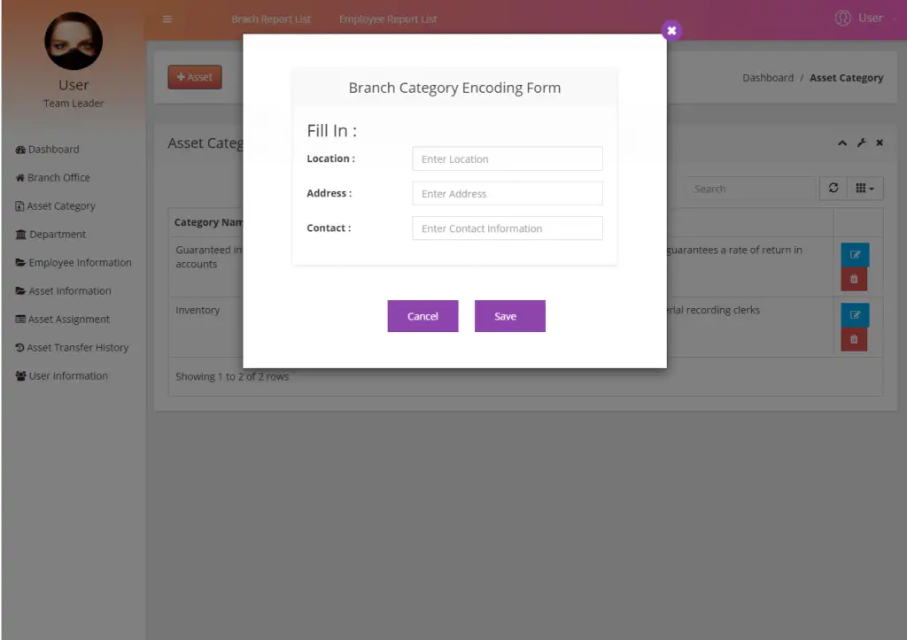 Asset Management System User Interface in Bootstrap and PHP