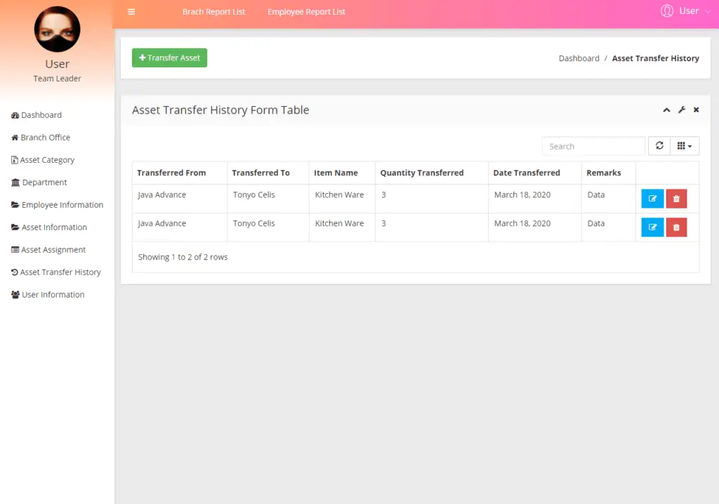 Asset Management System User Interface in Bootstrap and PHP