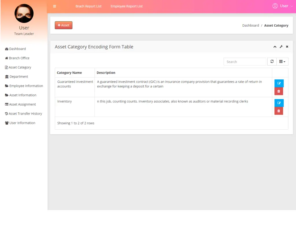 Asset Management System User Interface in Bootstrap and PHP