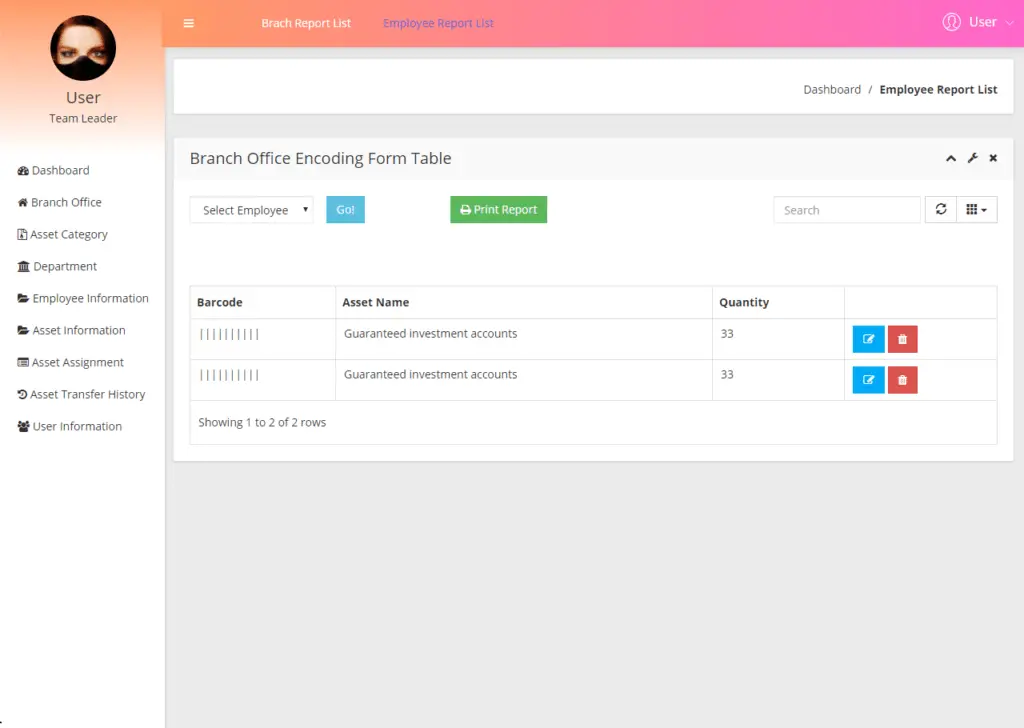 Asset Management System User Interface in Bootstrap and PHP
