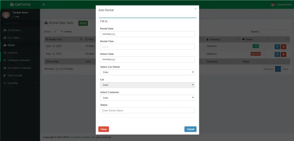 Car Rental System User Interface in Bootstrap and PHP