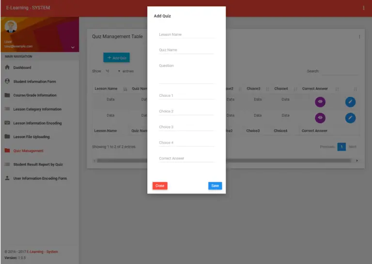 Elearning System User Interface in PHP and Bootstrap