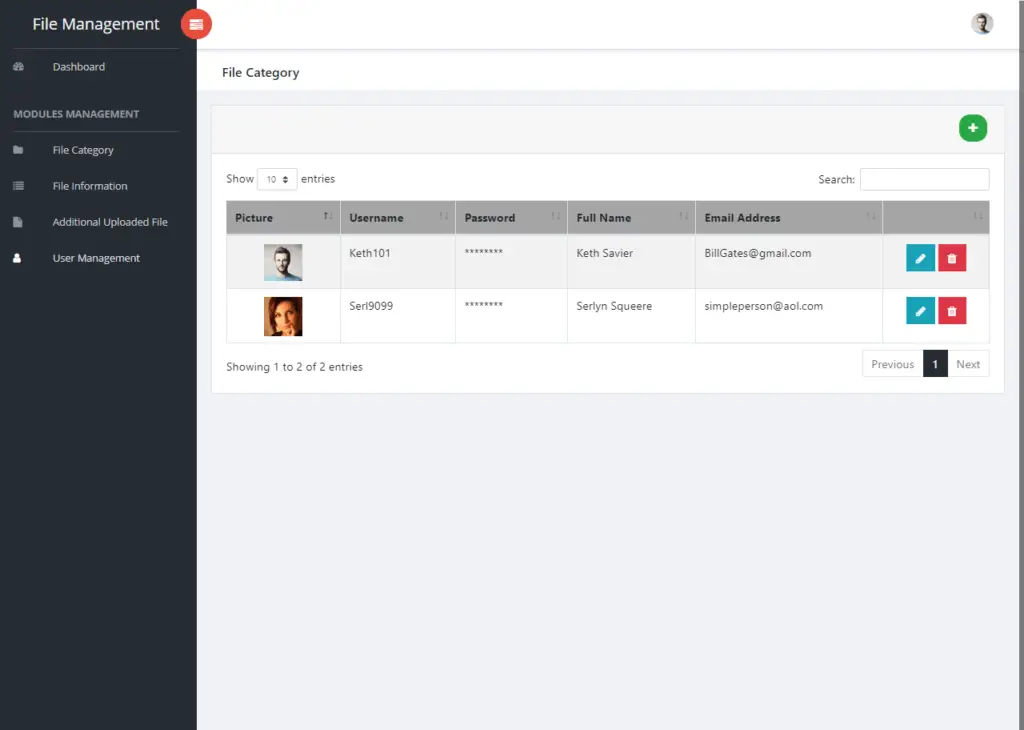 File Management System User Interface in Bootstrap and PHP
