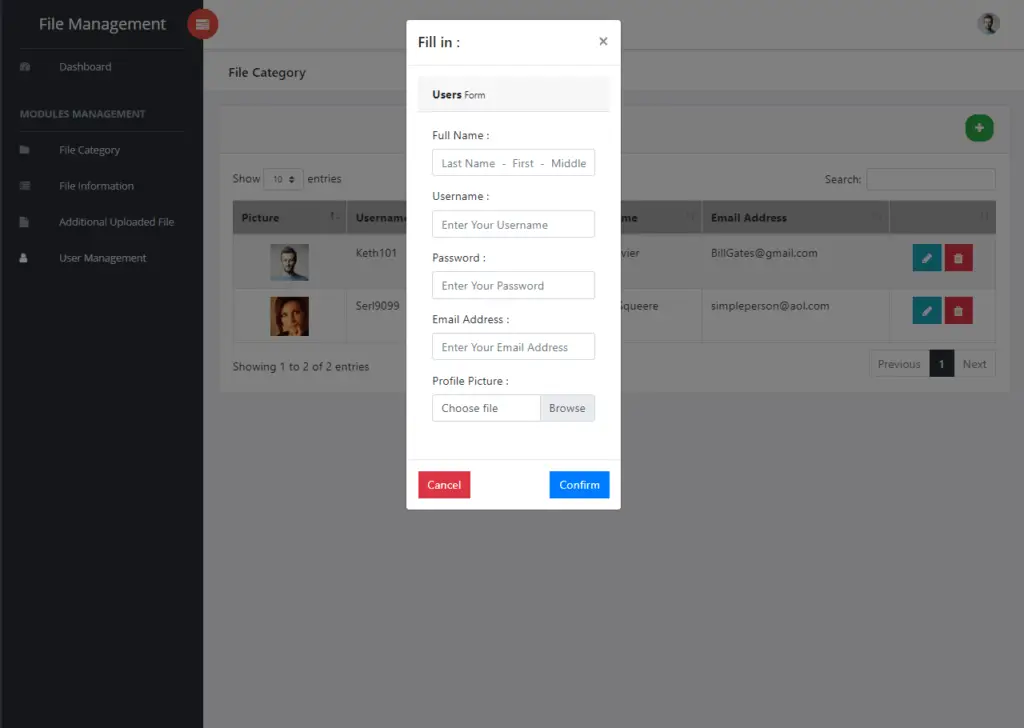 File Management System User Interface in Bootstrap and PHP