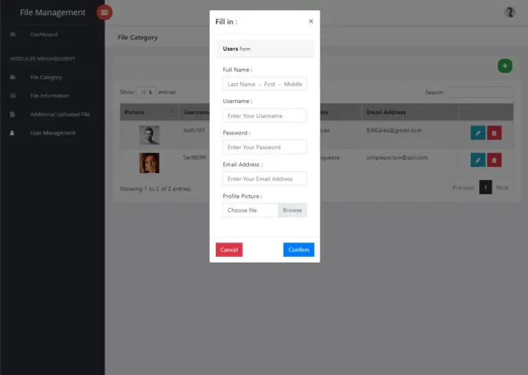 File Management System User Interface in Bootstrap and PHP