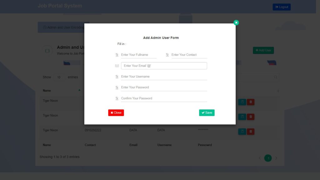 Job Portal System Form Design and System Features