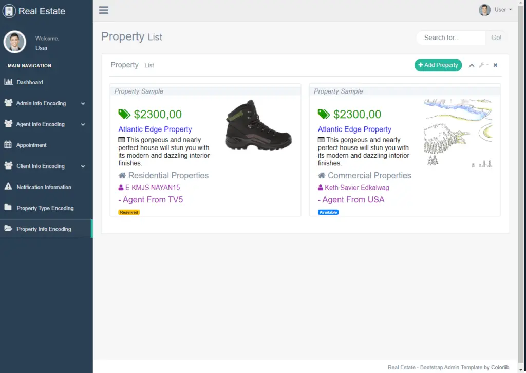 Real Estate System User Interface in Bootstrap