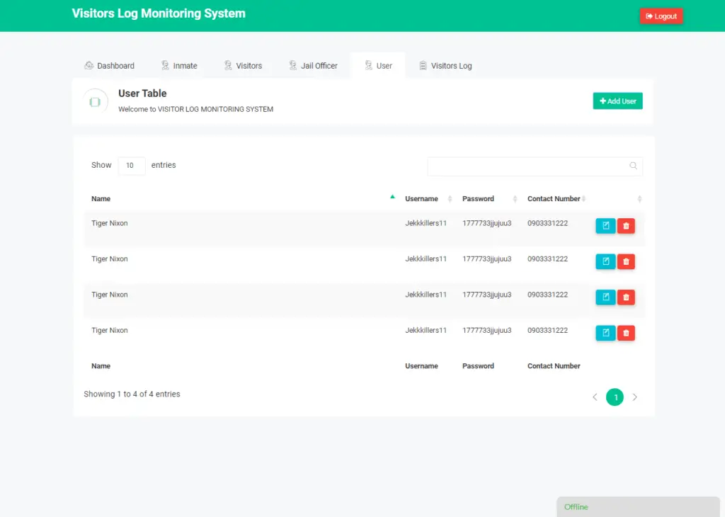 Visitor Log Monitoring System User Interface in Bootstrap and PHP