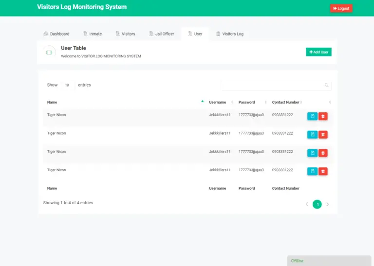 Visitor Log Monitoring System User Interface in Bootstrap and PHP