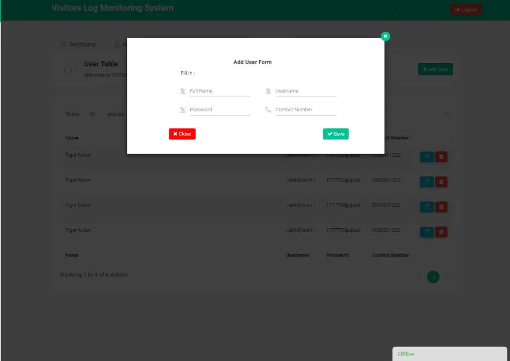 Visitor Log Monitoring System User Interface in Bootstrap and PHP