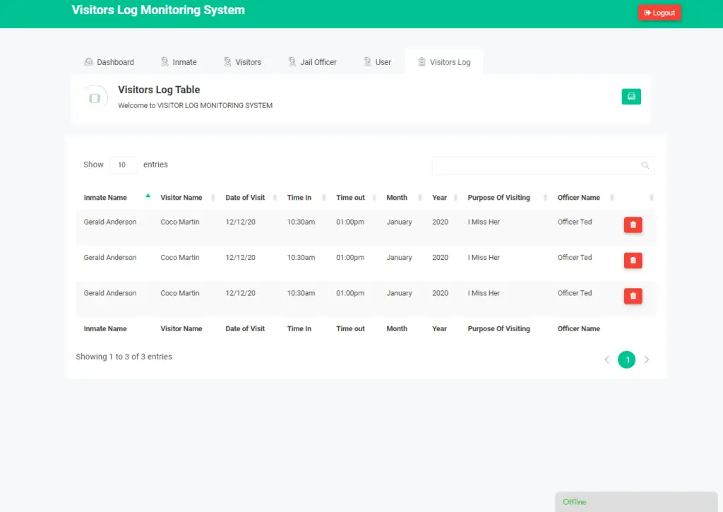 Visitor Log Monitoring System User Interface in Bootstrap and PHP