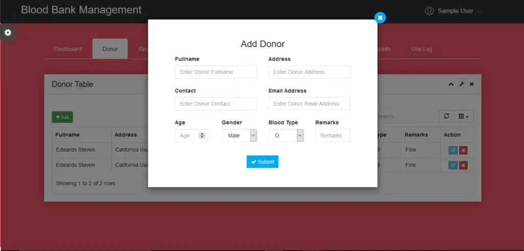 Blood Bank Management System Free Template in Bootstrap and PHP ...