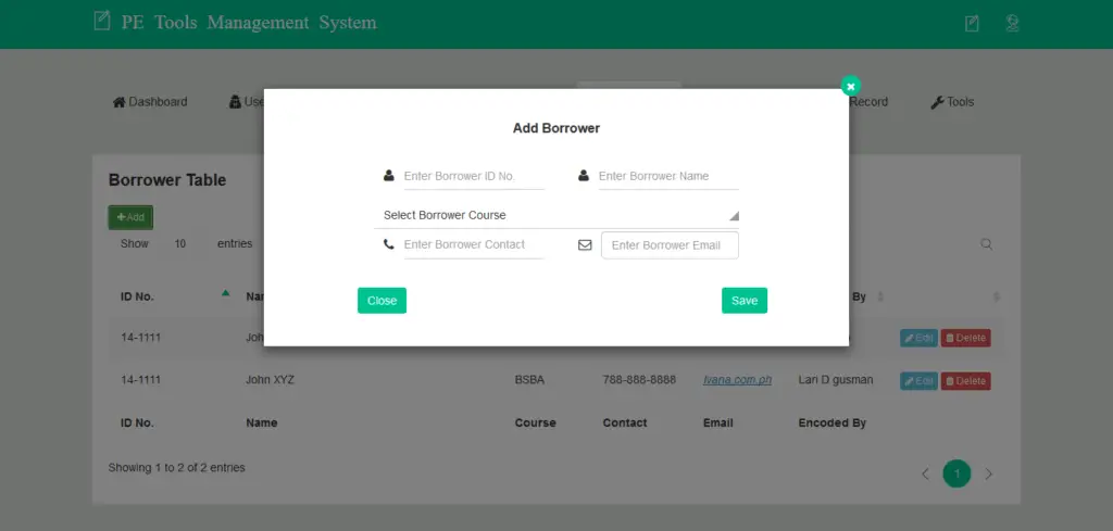 PE Tools Management System in PHP and Bootstrap