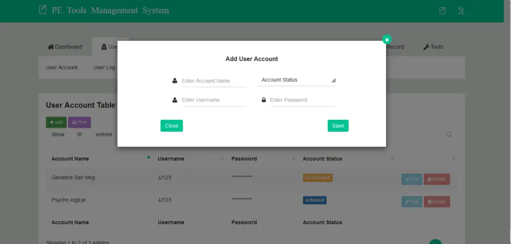 PE Tools Management System in PHP and Bootstrap