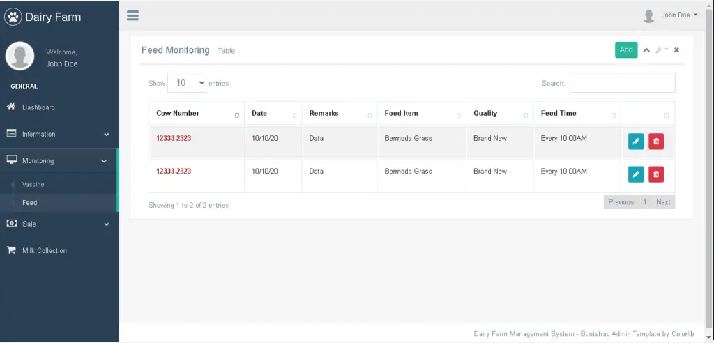 Dairy Farm Management System in PHP and Bootstrap