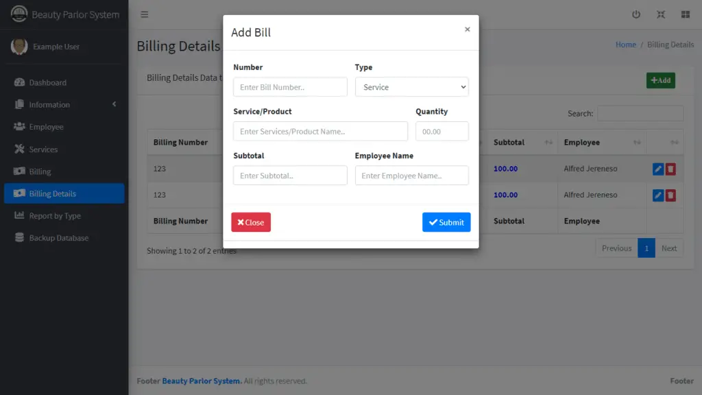 Beauty Parlour Management System Free Template in PHP and Bootstrap
