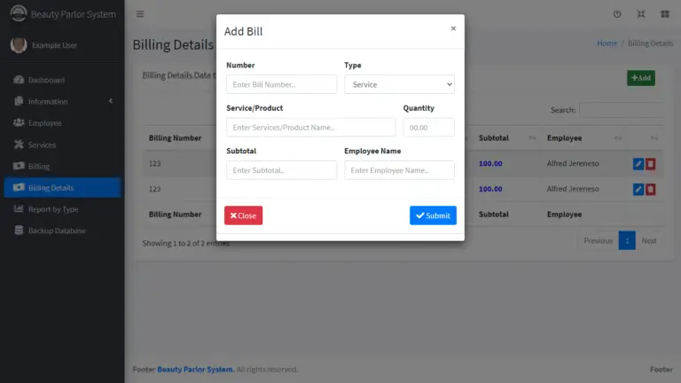 Beauty Parlour Management System Free Template in PHP and Bootstrap