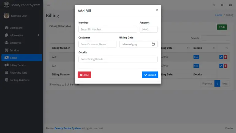 Beauty Parlour Management System Free Template in PHP and Bootstrap