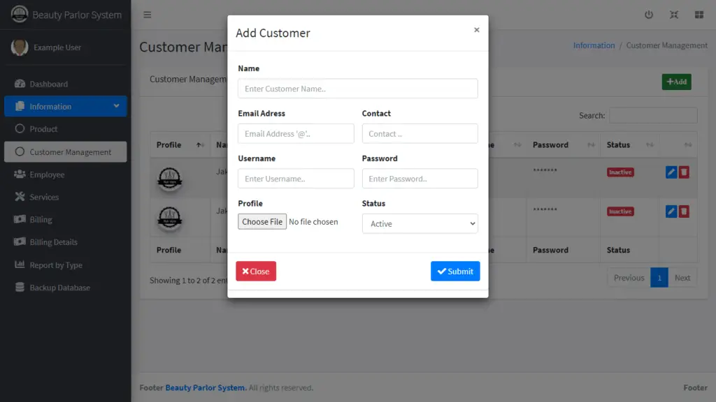 Beauty Parlour Management System Free Template in PHP and Bootstrap