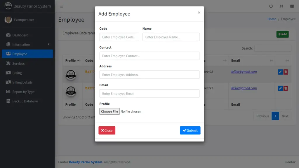Beauty Parlour Management System Free Template in PHP and Bootstrap