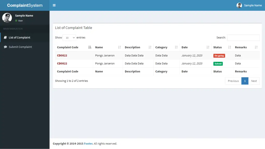 Complaint Management System Free Template in PHP and Bootstrap