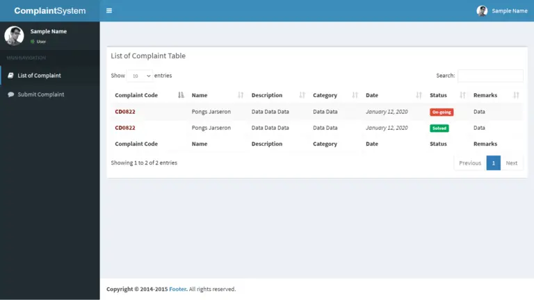 Complaint Management System Free Template in PHP and Bootstrap