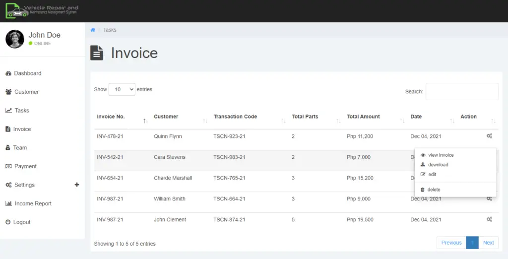 Vehicle Repair and Maintenance Management System Free Bootstrap Source ...