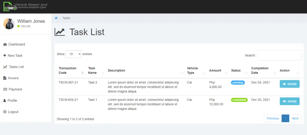 Vehicle Repair and Maintenance Management System Free Bootstrap Source ...