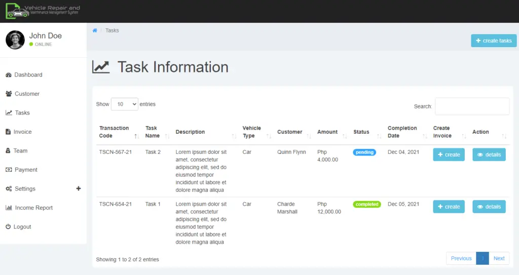 Vehicle Repair and Maintenance Management System Free Bootstrap Source ...