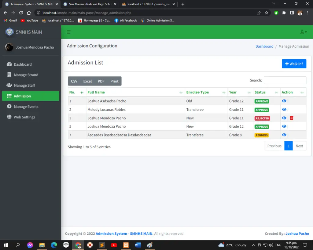 Admission System With Email Notification In Php And Mysql